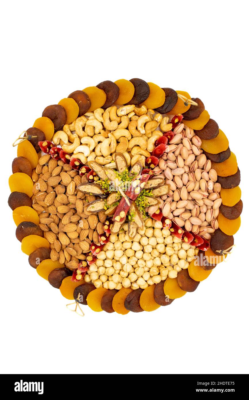 mixed nuts plate on a white background. Snack plate prepared with ...