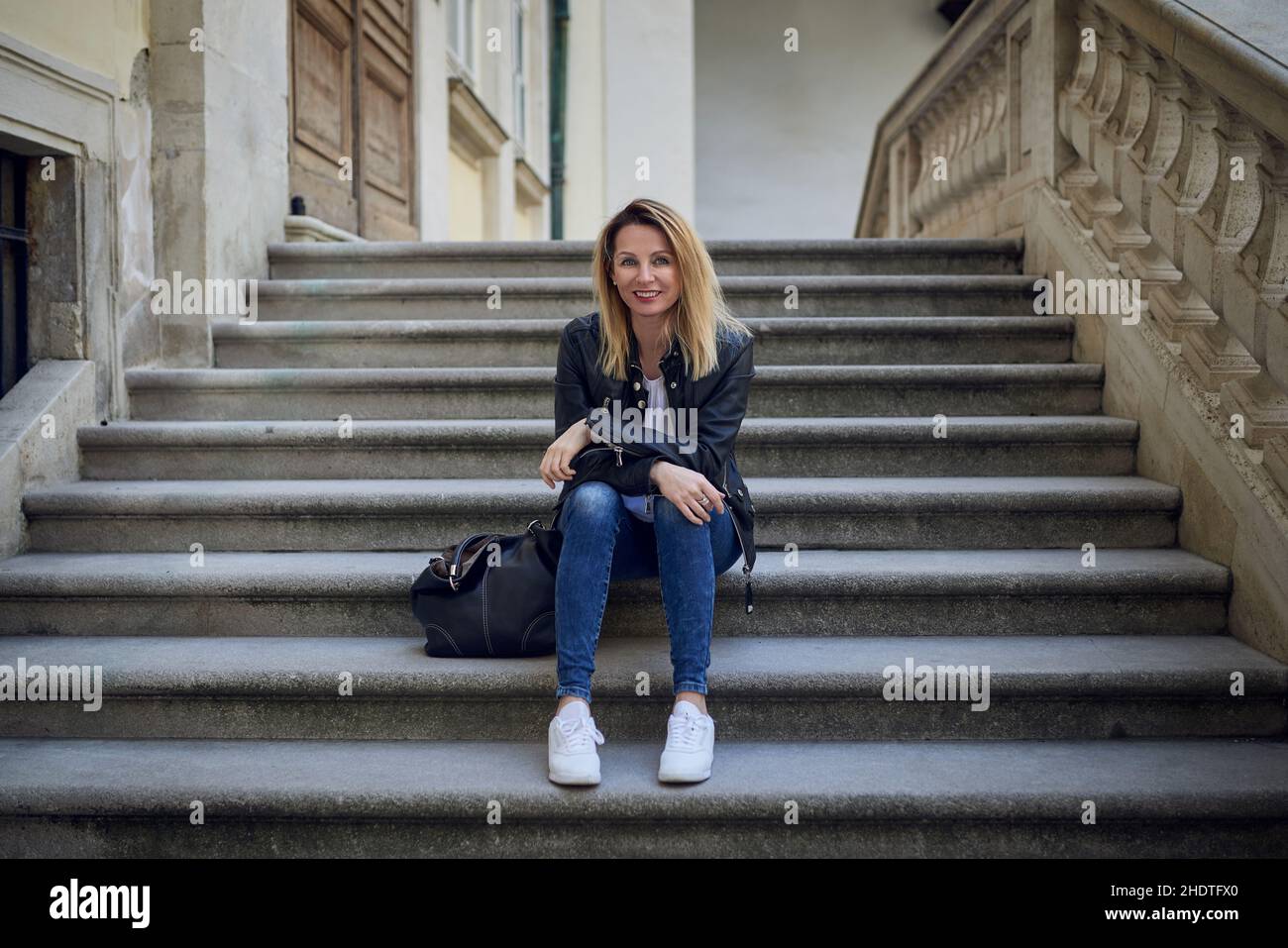 woman, on the move, staircase, sitting, break, female, ladies, lady ...