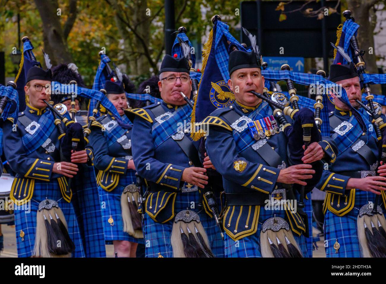 Close up of Royal Air Force Pipes & Drums marching band at the Lord ...