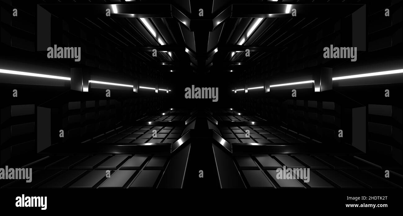 A dark tunnel lit by white neon lights. Reflections on the floor and ...