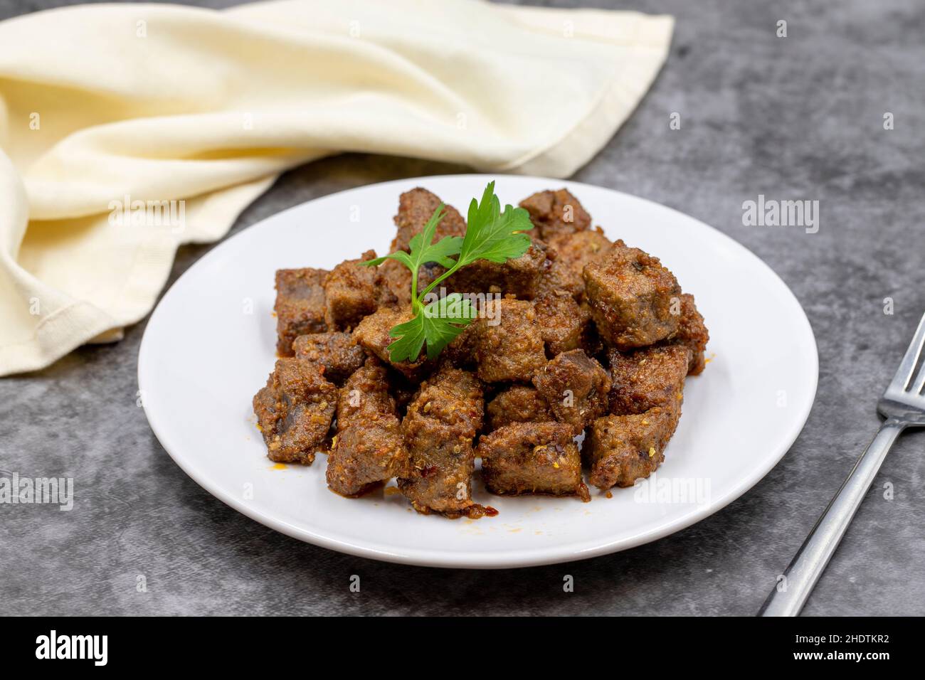 Fried liver cubes on a dark background. Turkish Traditional Food ...