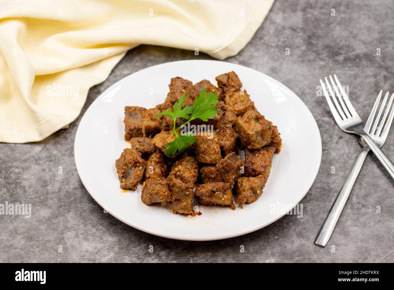 Fried liver cubes on a dark background. Turkish Traditional Food ...
