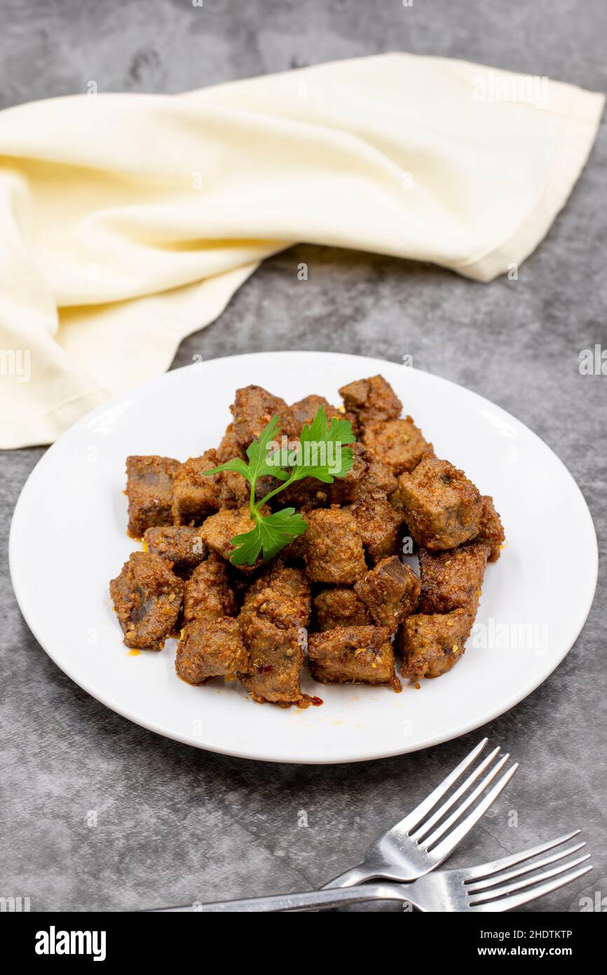Fried liver cubes on a dark background. Turkish Traditional Food ...