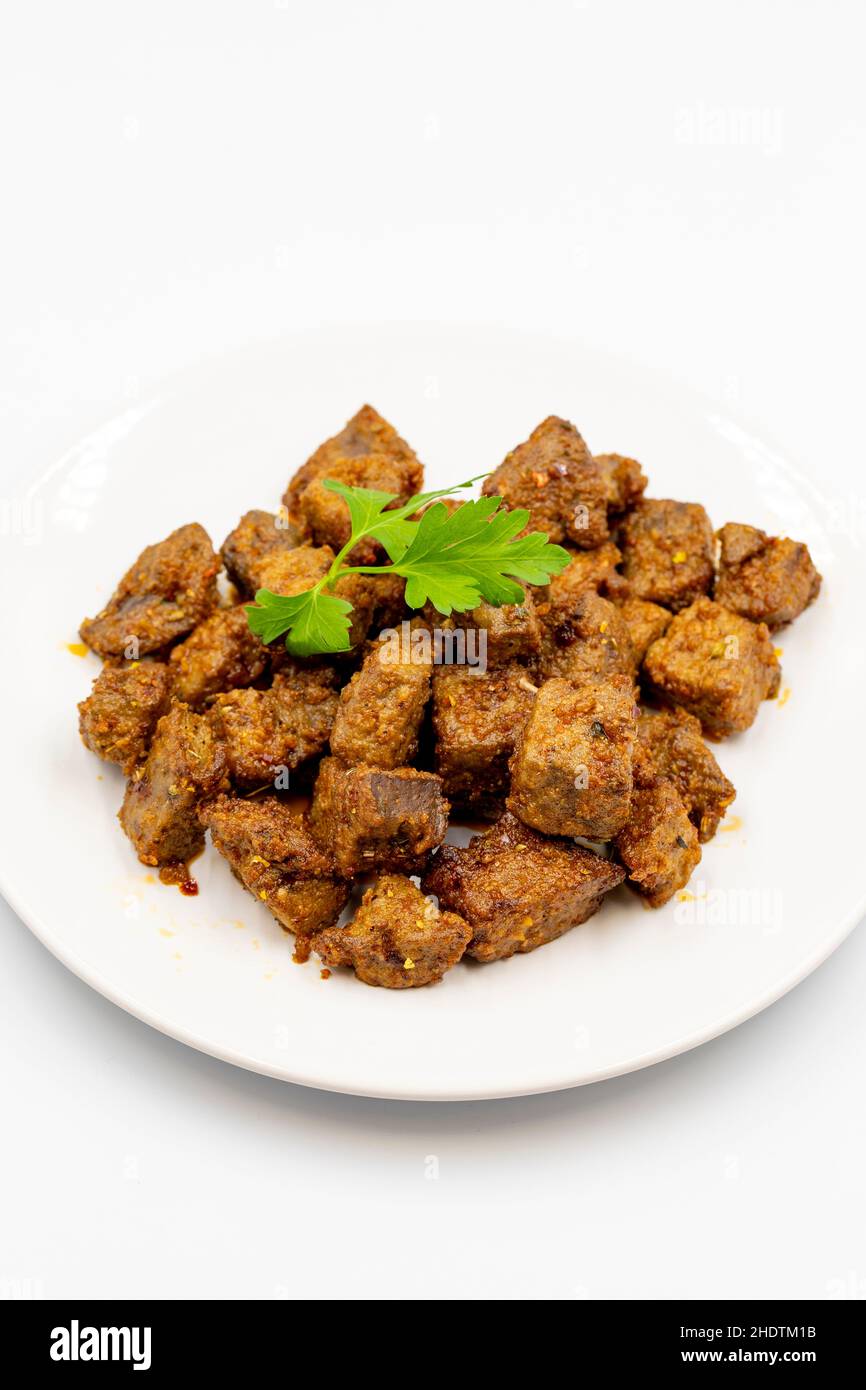 Fried liver cubes on a white background. Turkish Traditional Food ...
