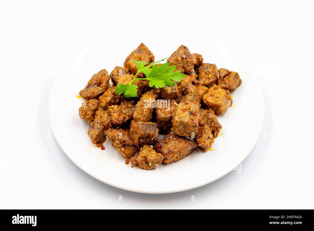 Fried liver cubes on a white background. Turkish Traditional Food ...