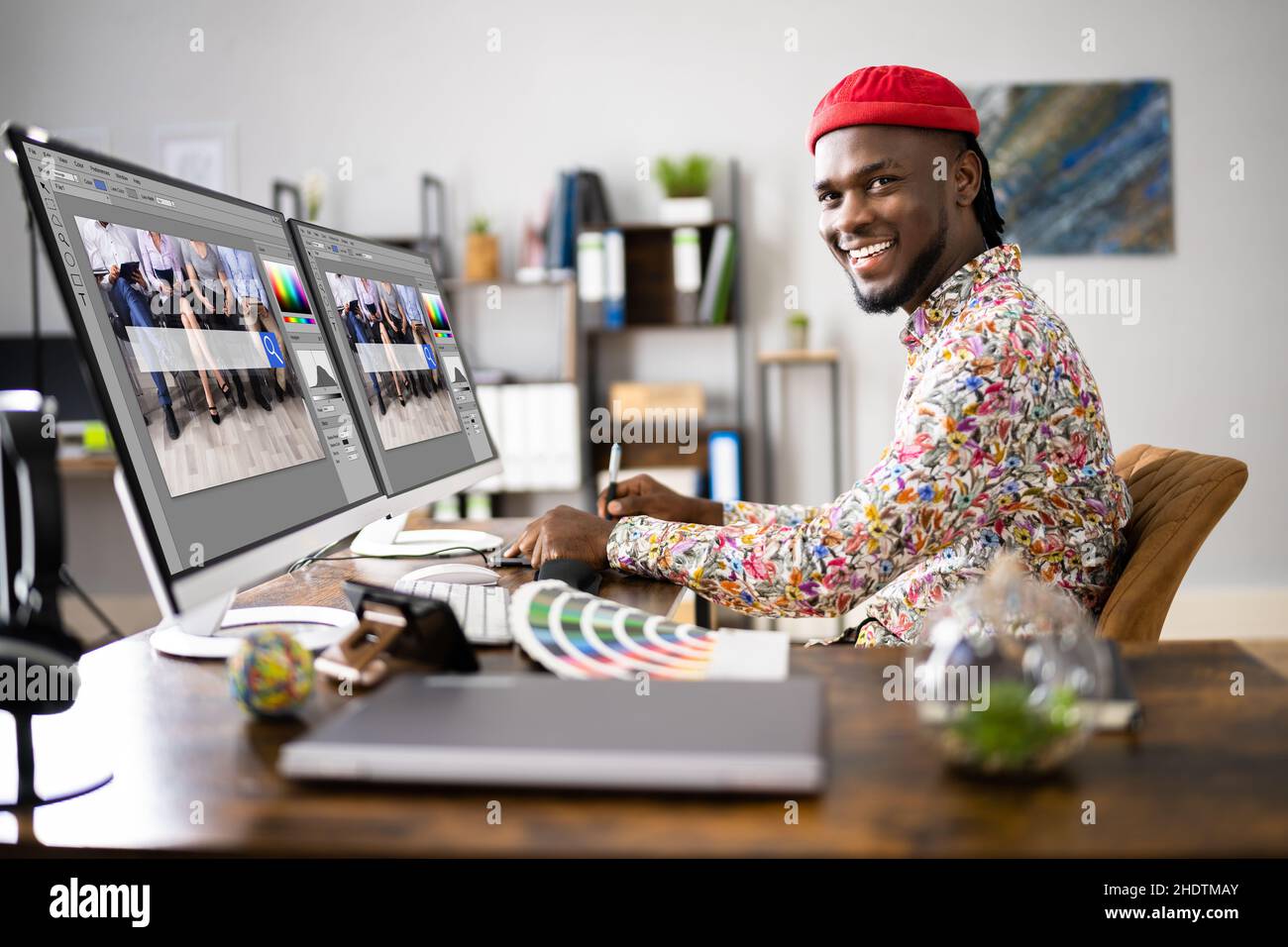 Graphic Designer Artist Working On Multiple Computer Screens Stock ...