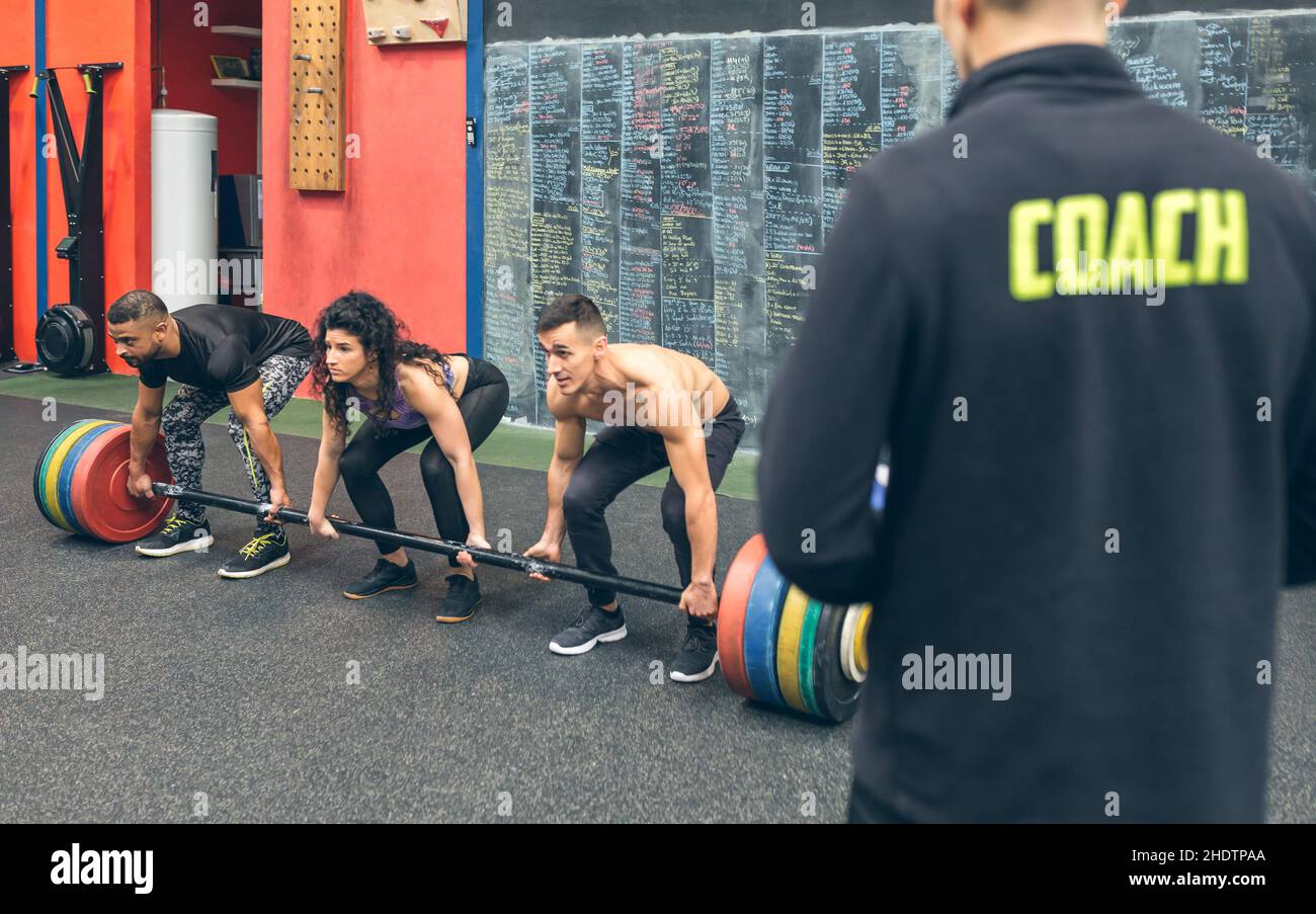 Mixed team lifting weights in the gym with their coach Stock Photo - Alamy