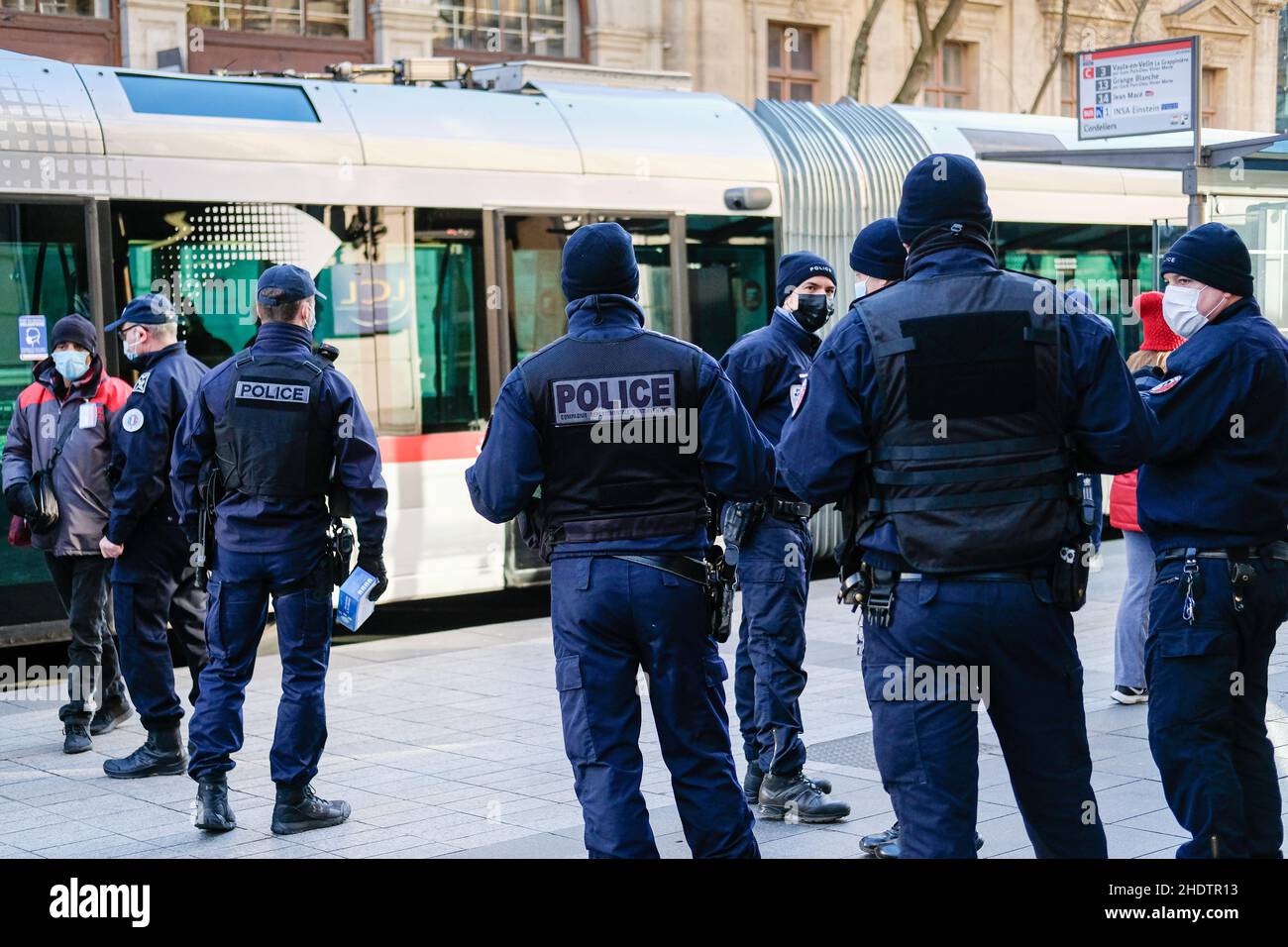 Lyon (France), 6 January 2022. Police patrol at a bus stop during a ...
