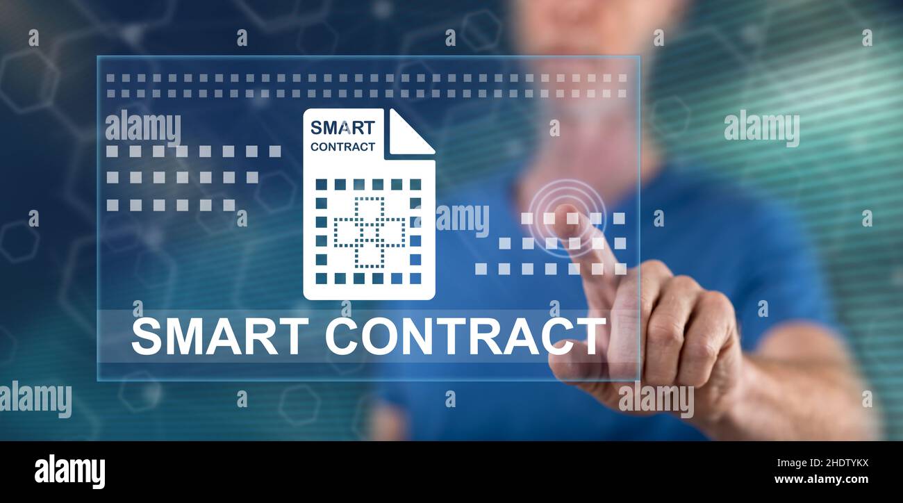 Man touching a smart contract concept on a touch screen with his finger ...