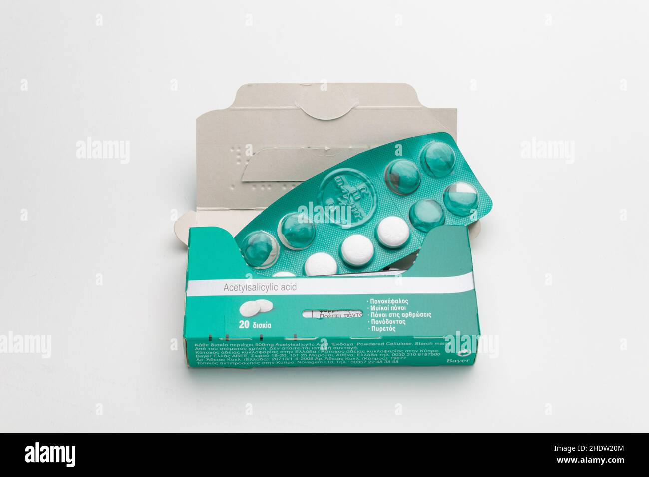 ATHENS, GREECE - DECEMBER 30 2021: Opened Aspirin box with used pill ...