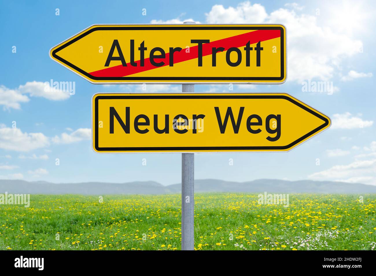 footpath sign, same old way, new way, footpath signs Stock Photo - Alamy