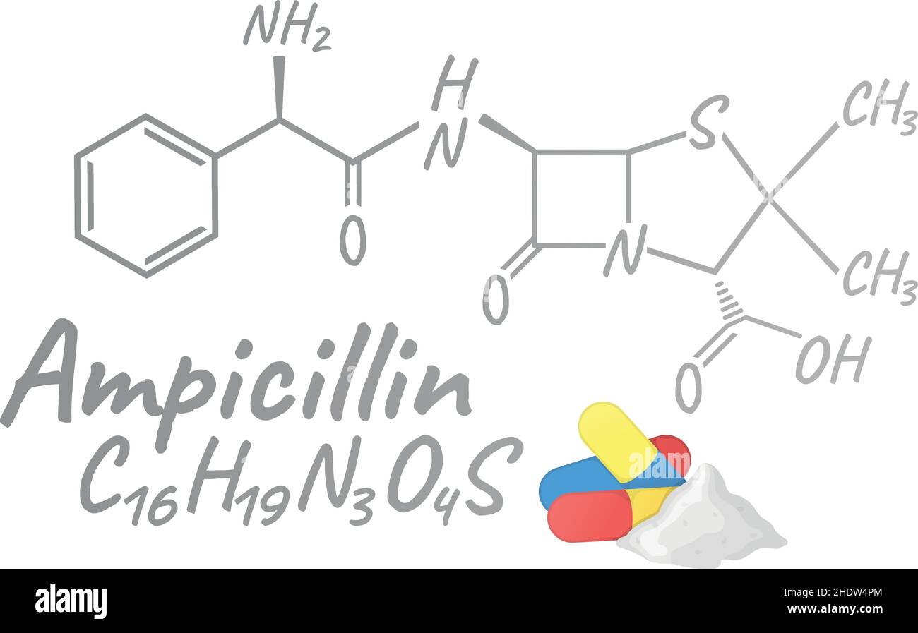Ampicillin antibiotic chemical formula and composition, concept ...