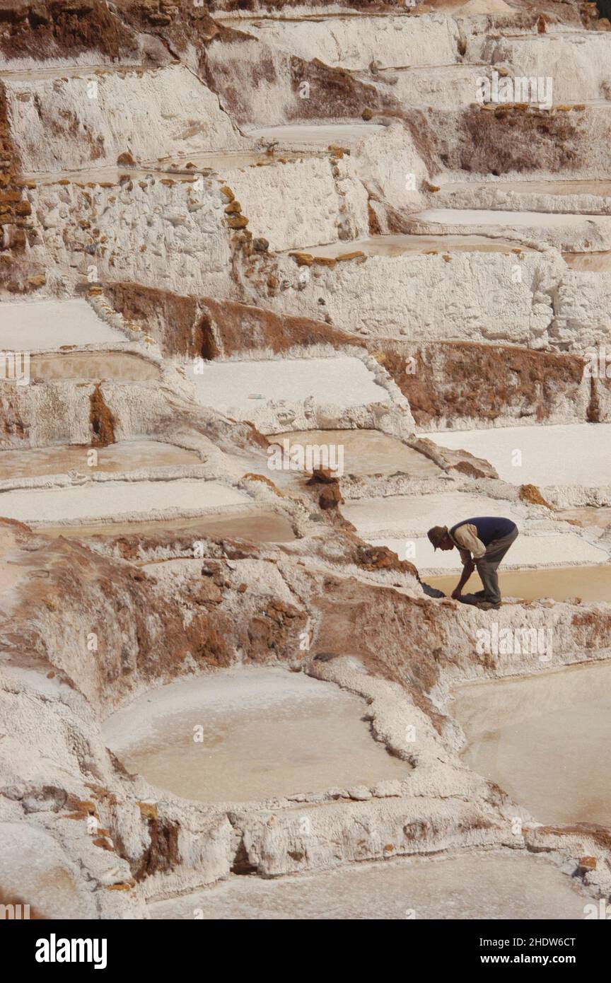 View of salt mines or ponds in Maras, Peru. They are known as Salineras ...