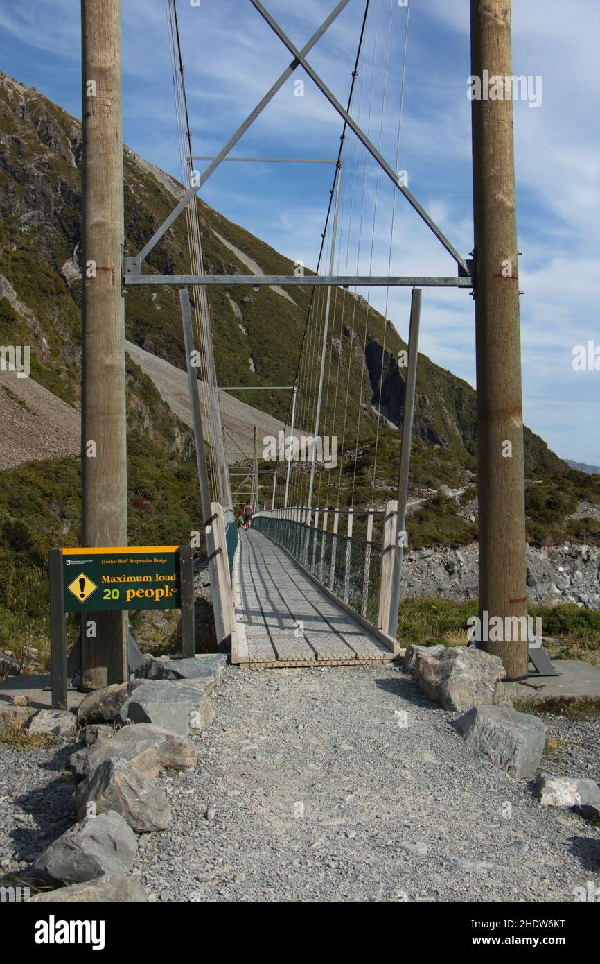 Suspension bridge on Hooker Valley Track in Mount Cook National Park on ...