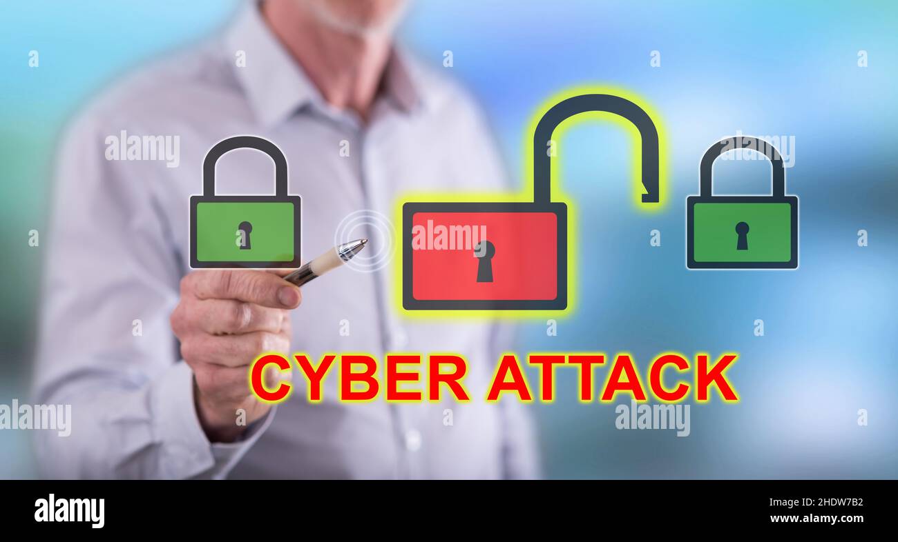 Man touching a cyber attack concept on a touch screen with a pen Stock ...