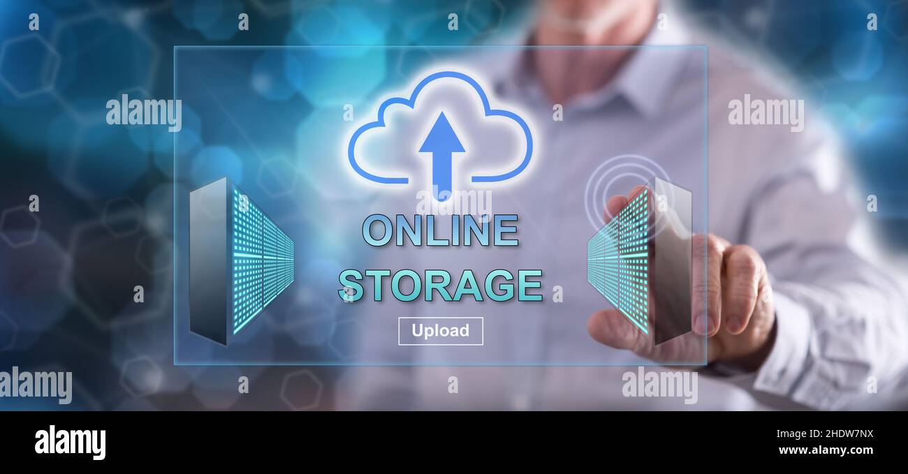 Man touching an online storage concept on a touch screen with his ...