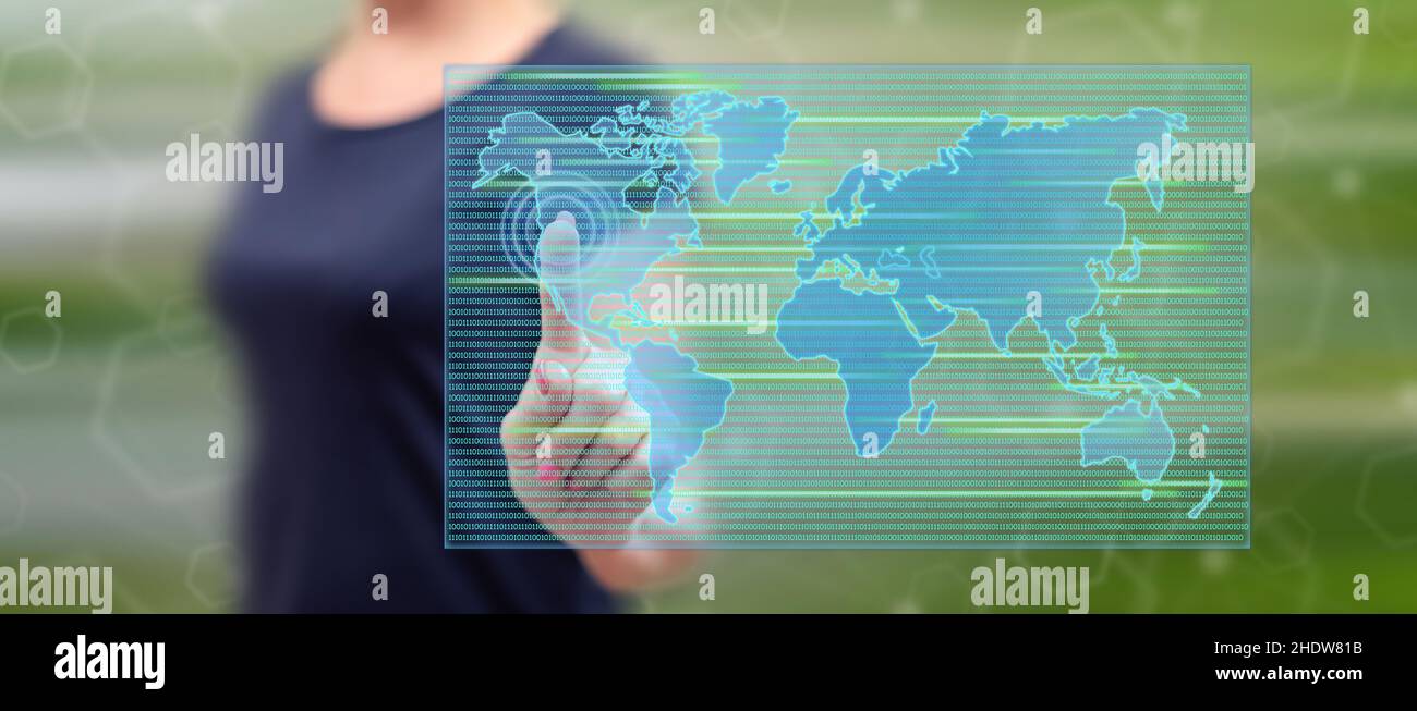 Woman touching a data transfer concept on a touch screen with her ...
