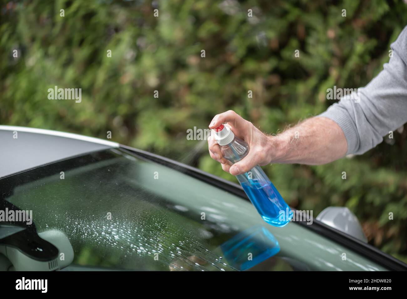 Hand spraying cleaner on a windshield Stock Photo - Alamy