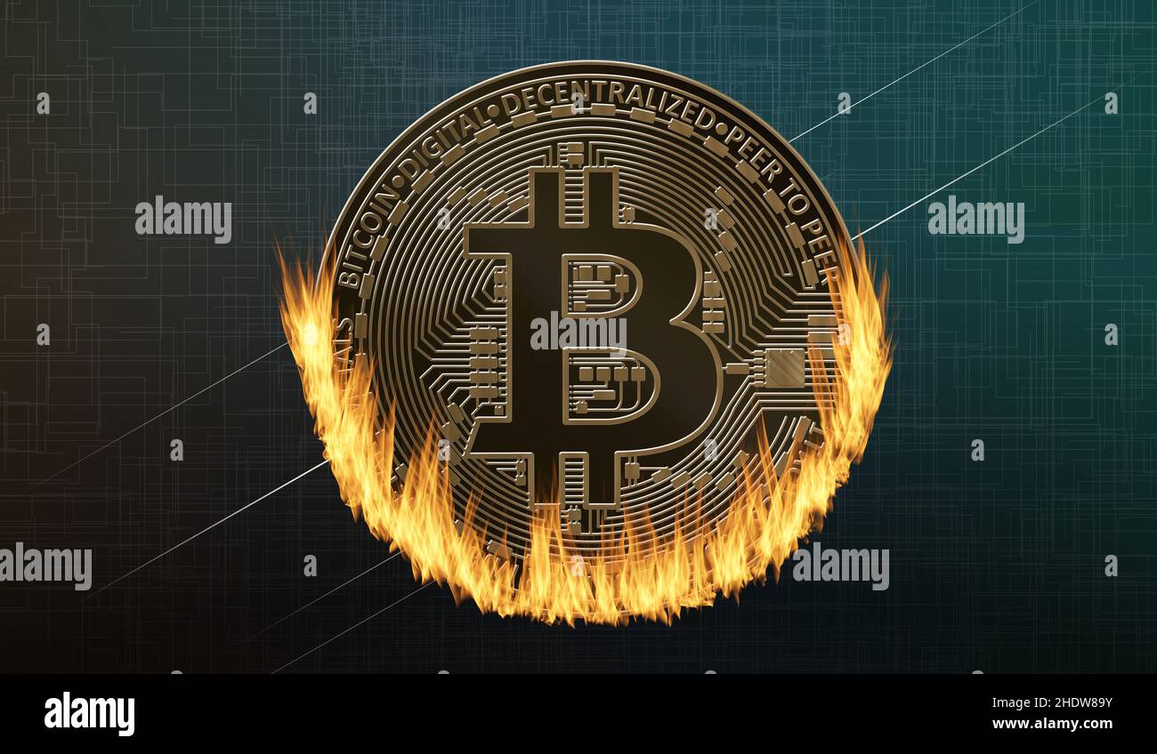 Bitcoin coin in fire on dark green background Stock Photo - Alamy
