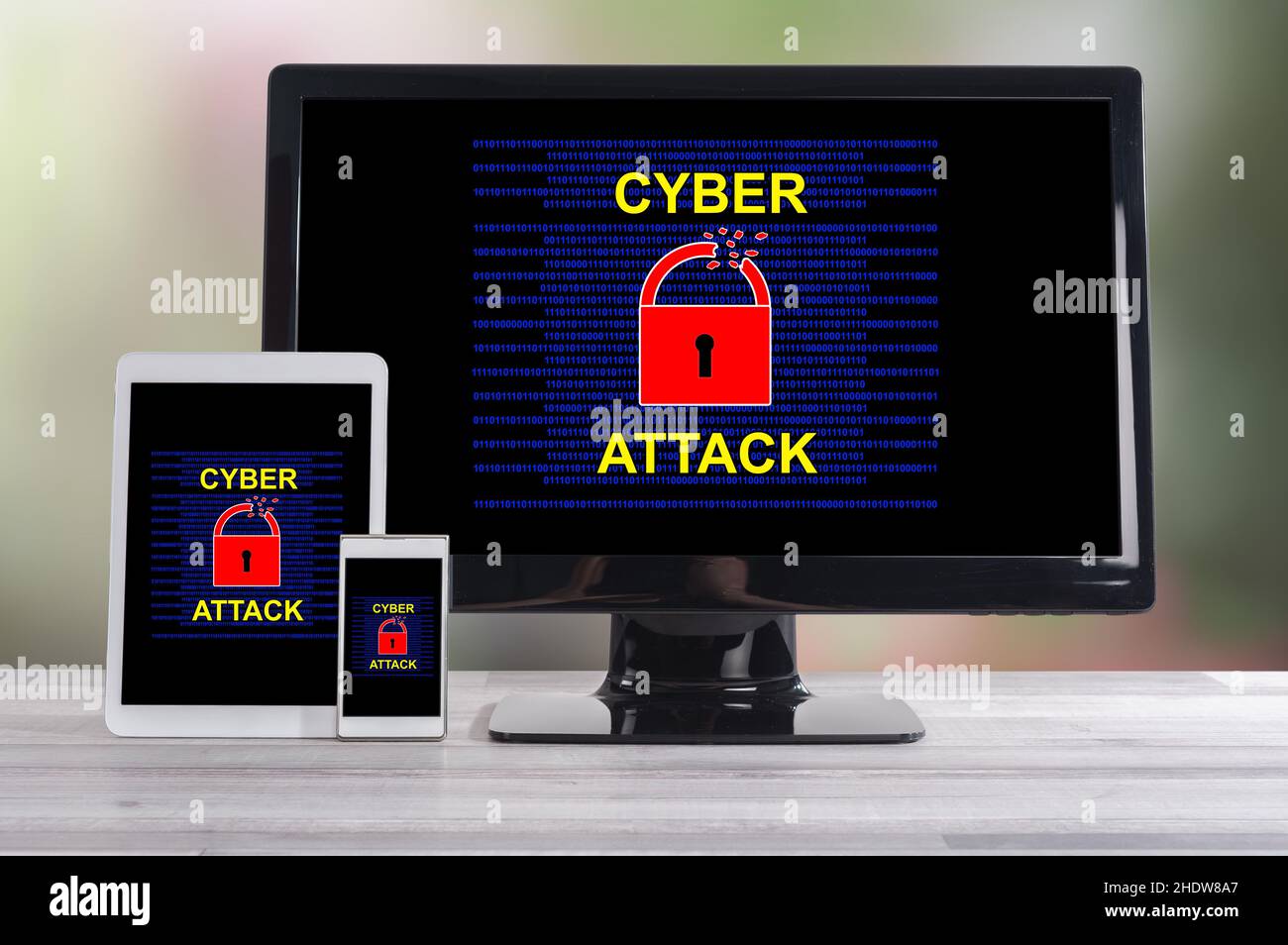 Cyber attack concept shown on different information technology devices ...