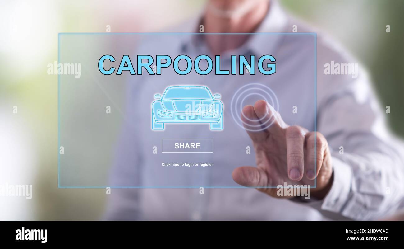 Man touching a carpooling concept on a touch screen with his finger ...