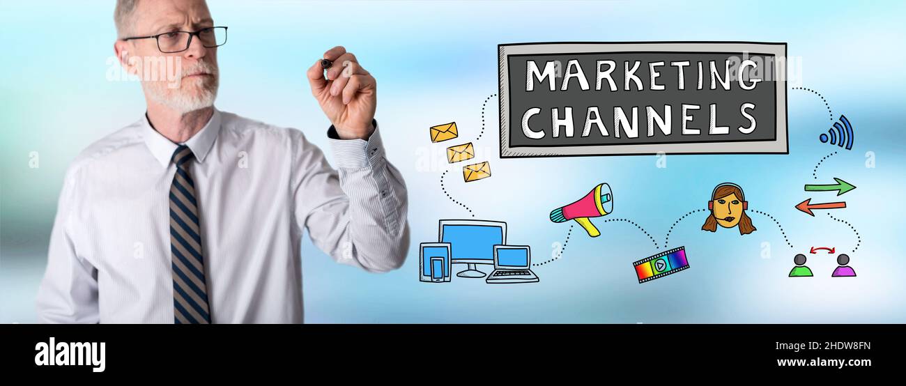 Marketing channels concept drawn by a businessman Stock Photo - Alamy