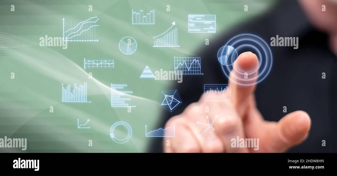 Man touching business charts on a touch screen with his finger Stock ...