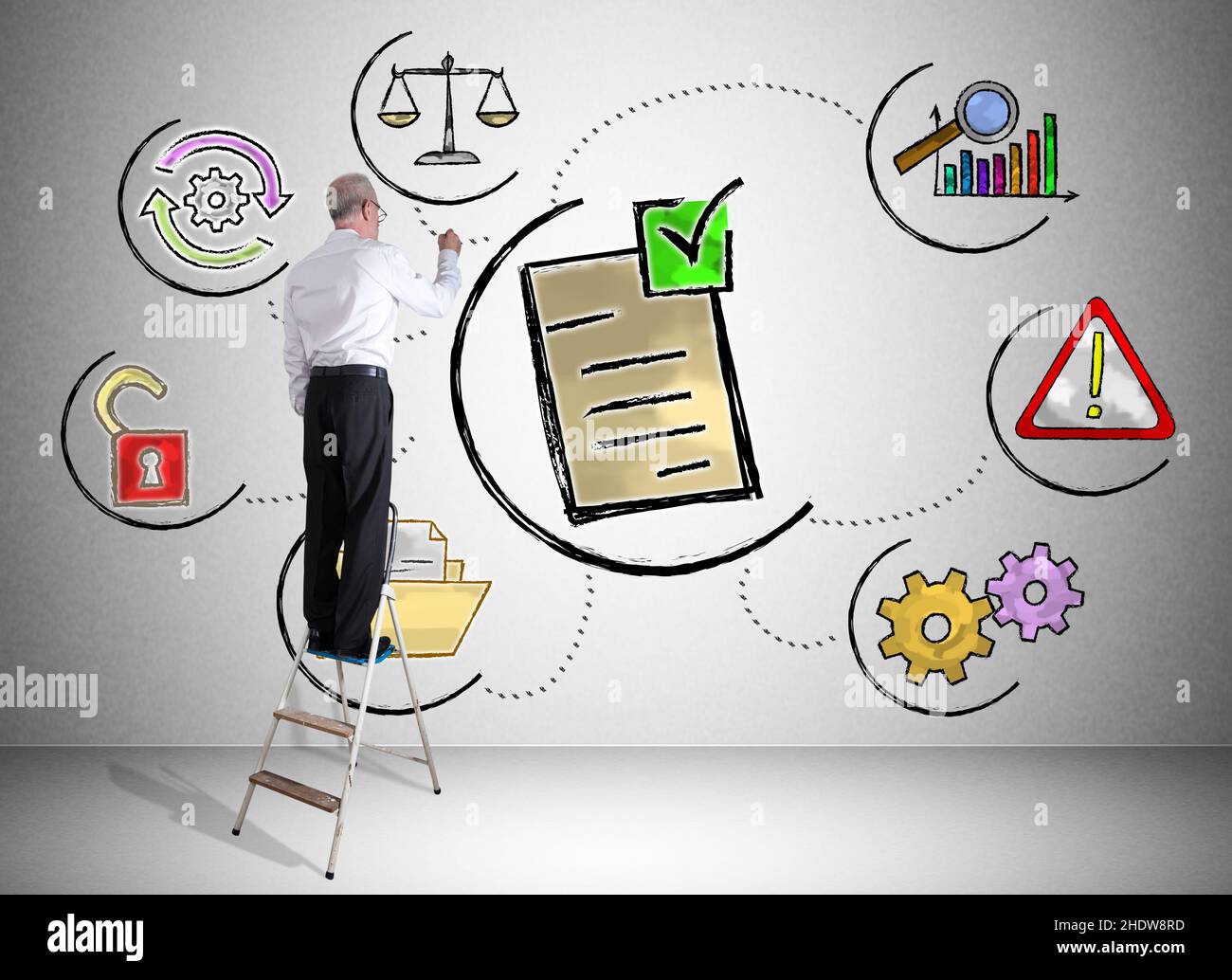 Man on a ladder drawing validation concept on a wall Stock Photo - Alamy