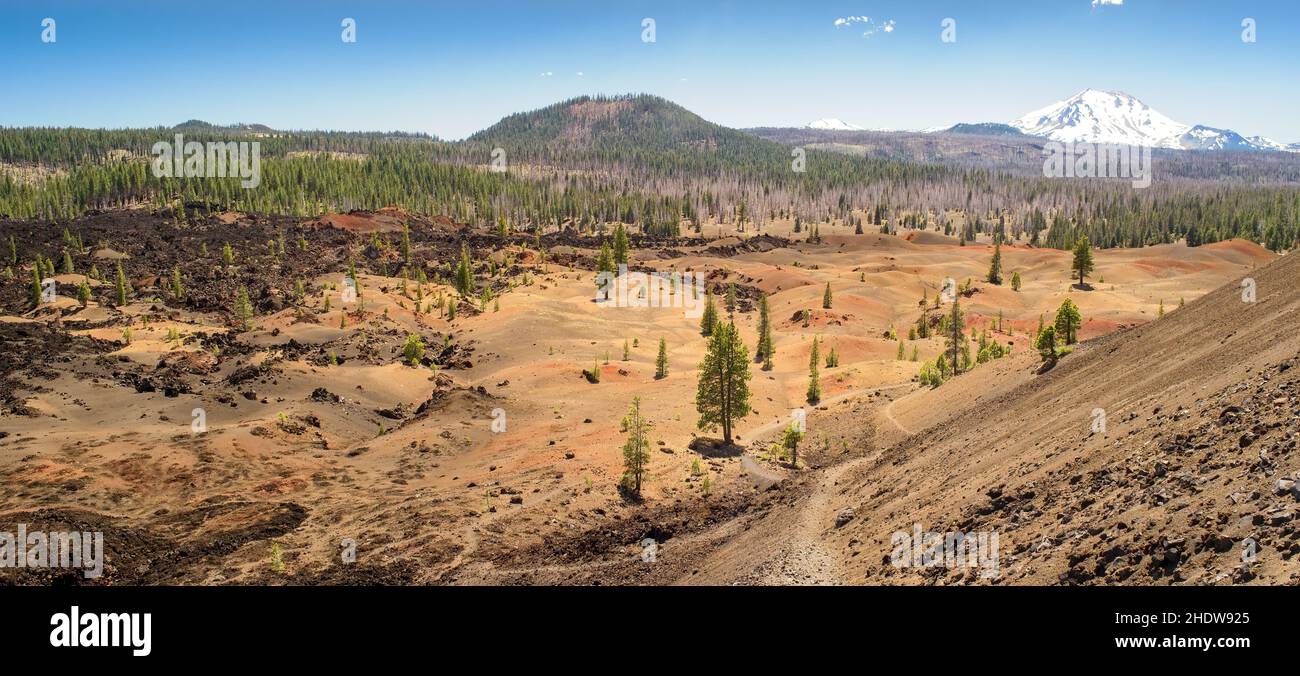 Volcanic landscape with red, orange ashes in Painted Dunes in Lassen ...