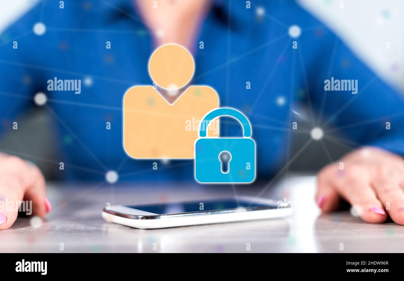 Smartphone with personal data security concept between hands of a woman ...