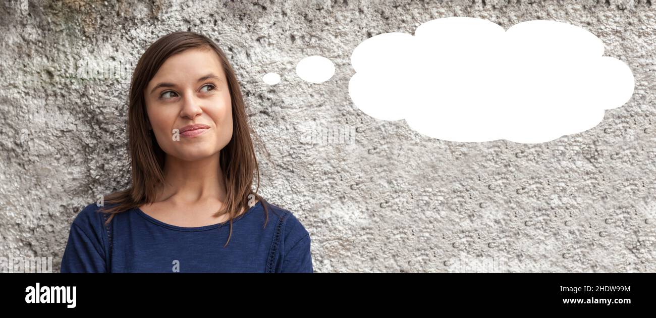 young woman, ideas, thinking, speech bubble, girl, girls, woman, young ...