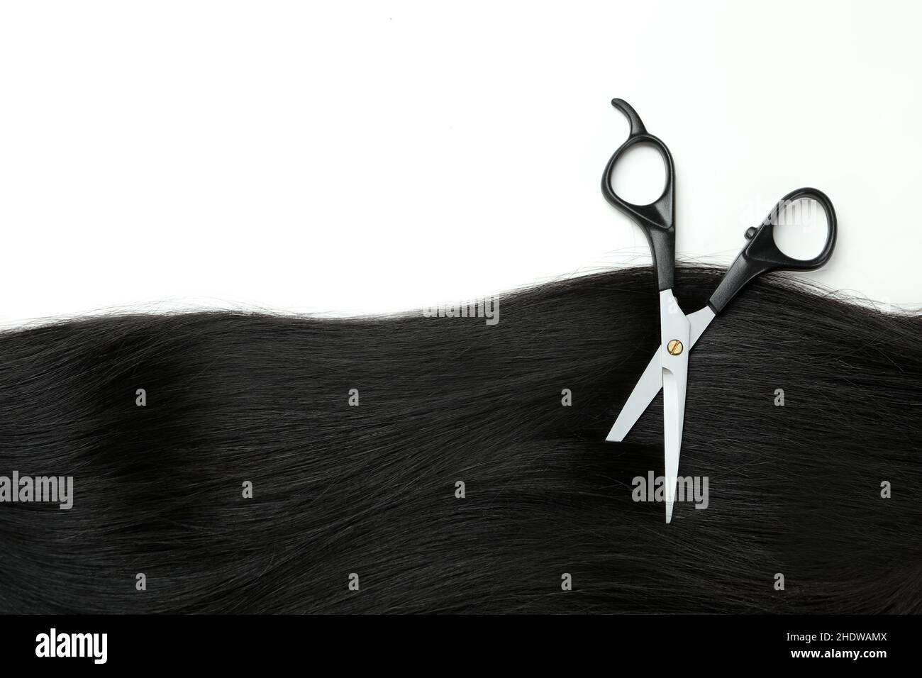 Female hair and scissors on white background Stock Photo - Alamy