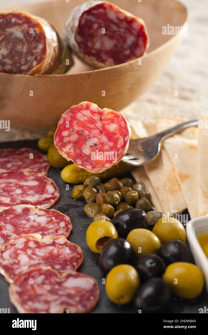 salami, snack, salamis, snacks Stock Photo - Alamy