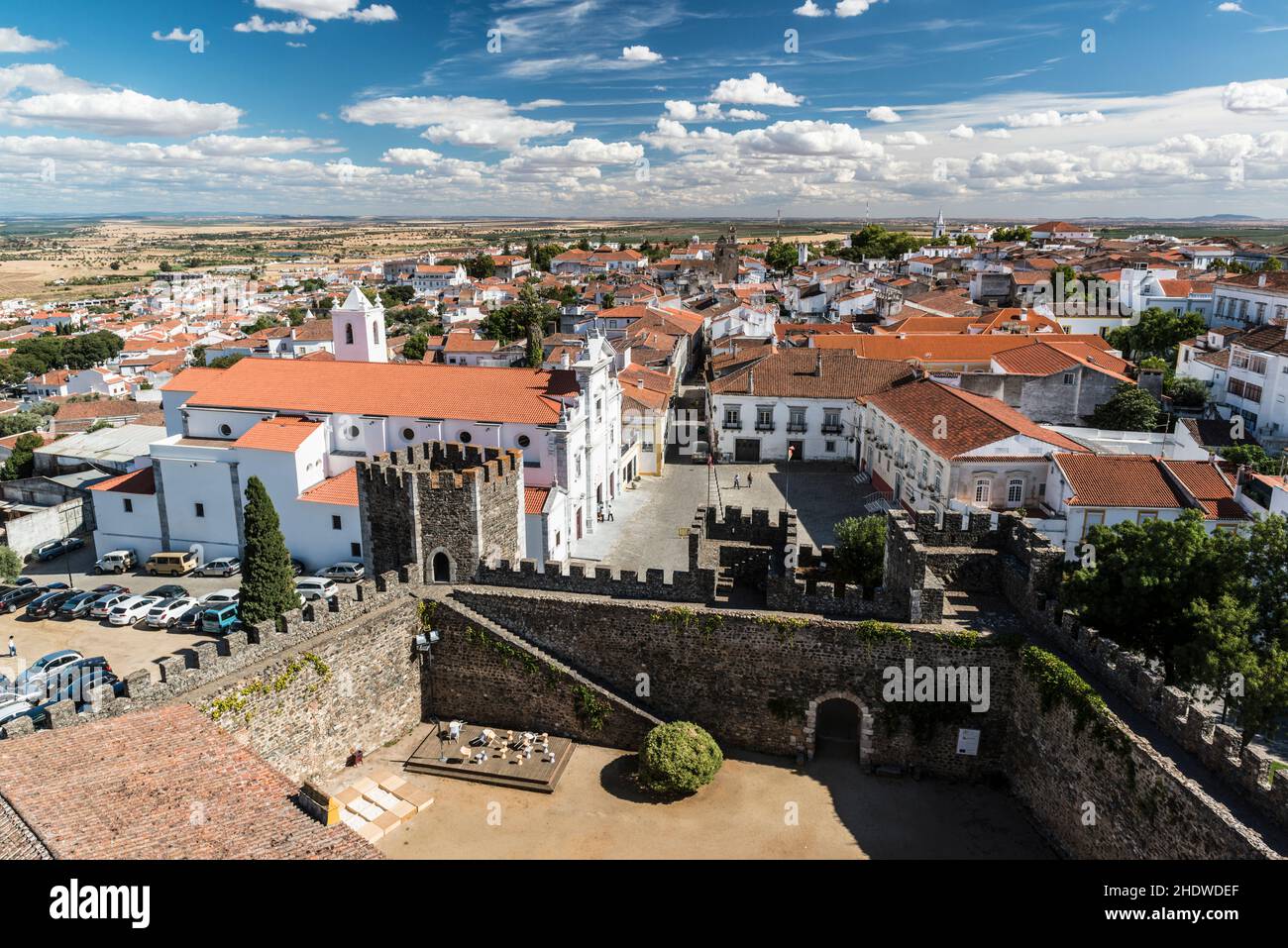 View from the top of the castle of Beja over over its walls and the St ...