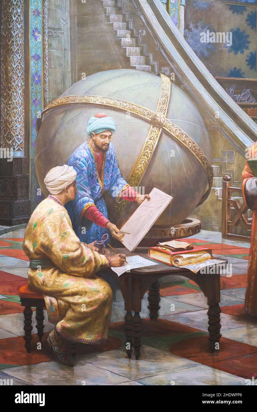 A detail of a painting that depicts Mirzo Ulughbek with his fellow ...