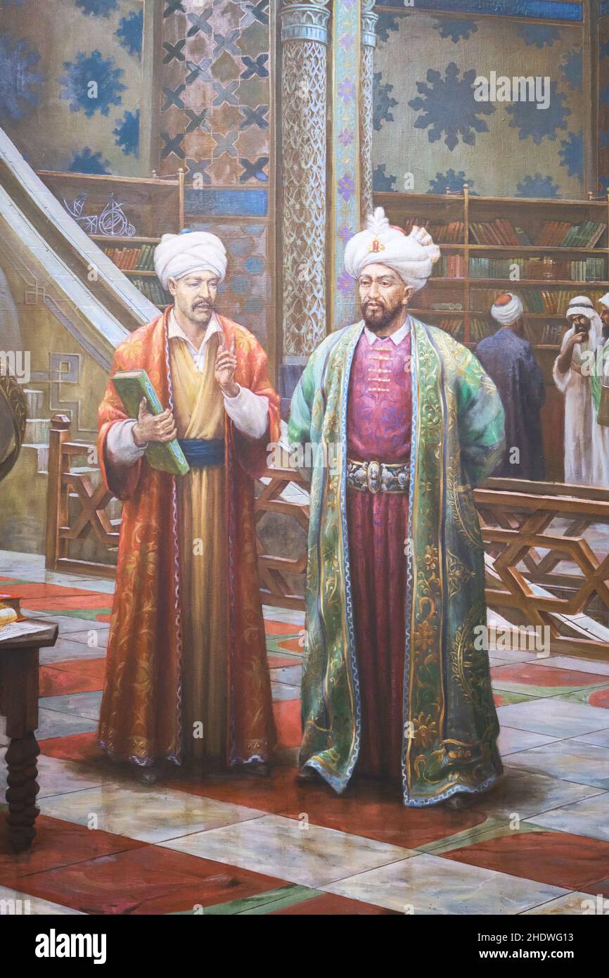 A detail of a painting that depicts Mirzo Ulughbek with his fellow ...
