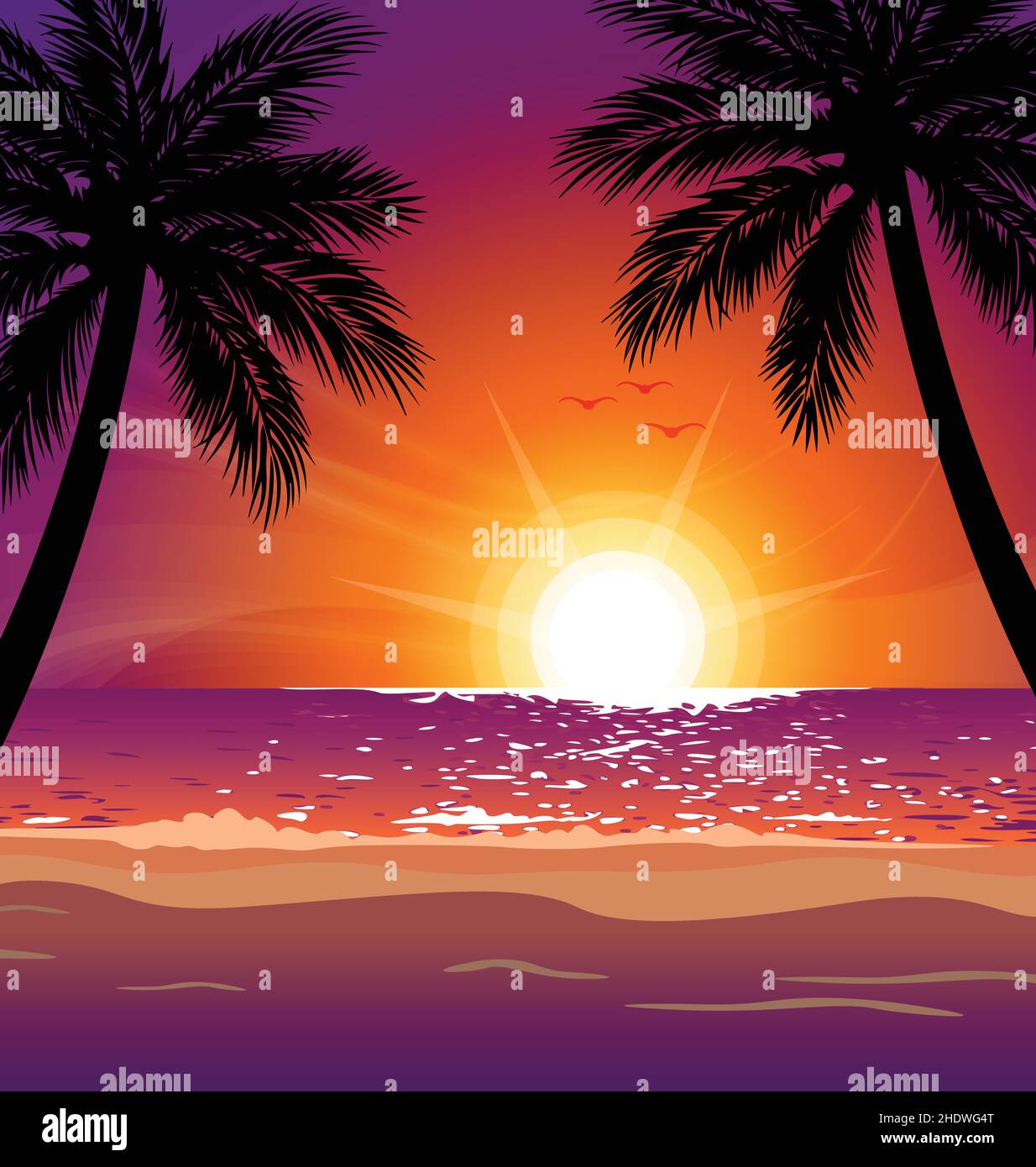 warm tropical beach purple orange sunset with palm trees silhouettes ...