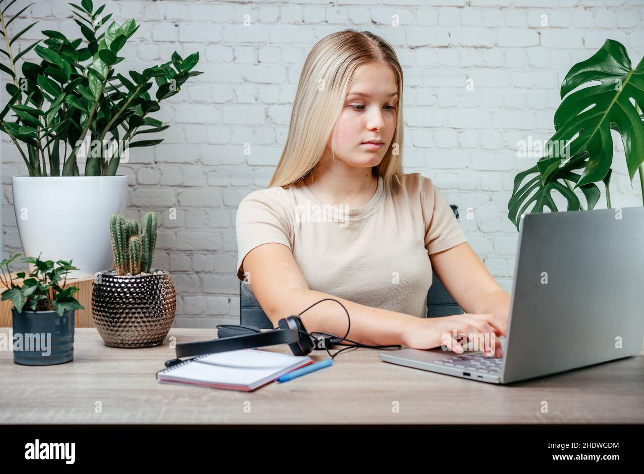 Student girl in headphones watching online video zoom class webinar in ...