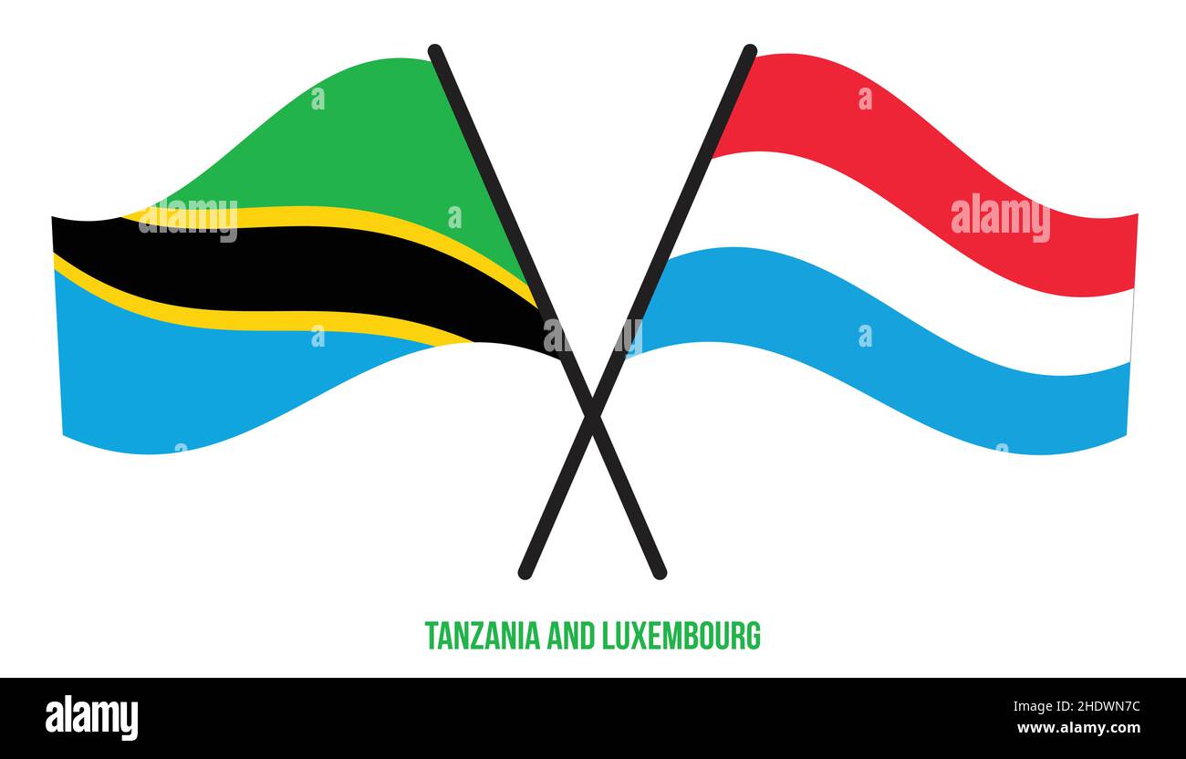 Tanzania And Luxembourg Flags Crossed And Waving Flat Style Official