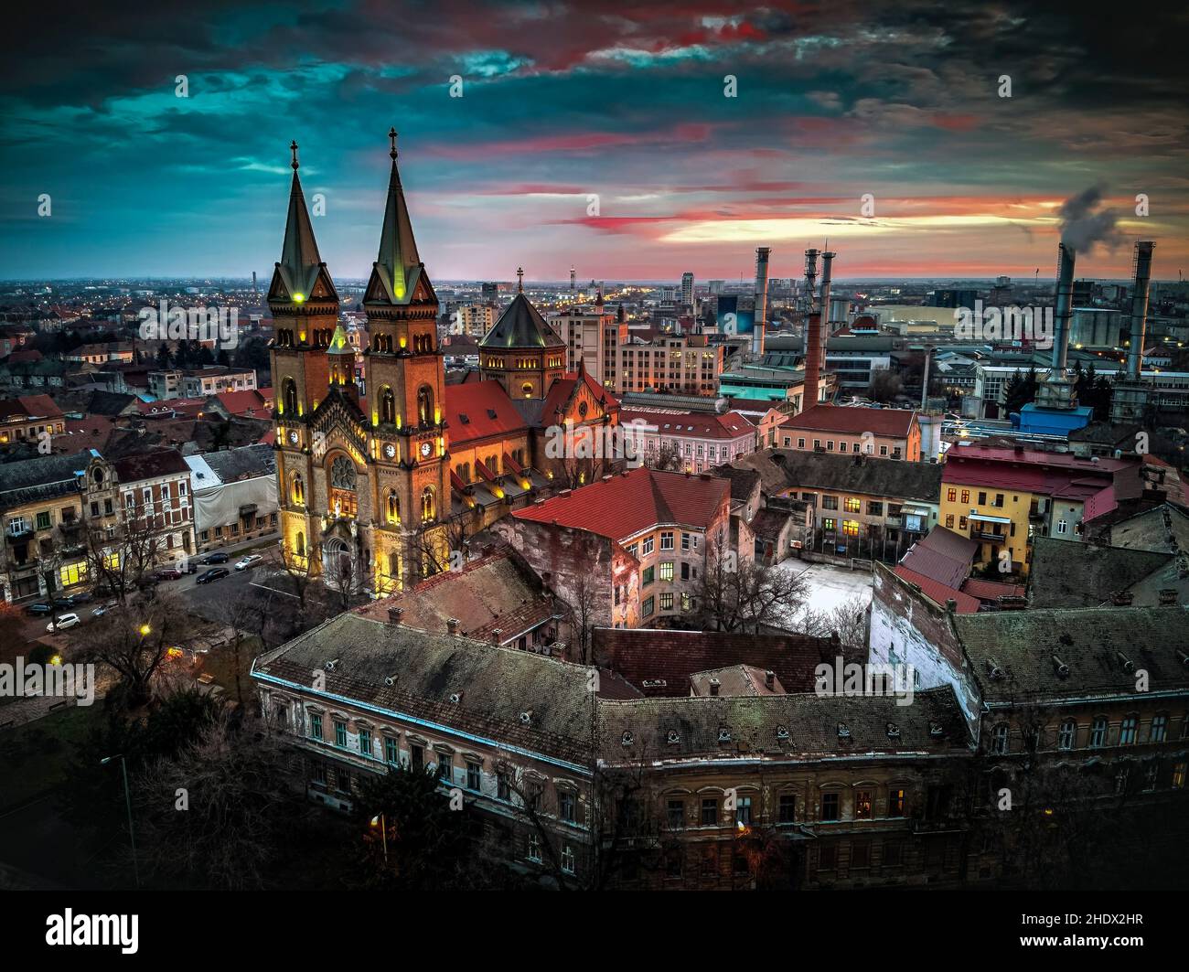 Aerial view of a Neo-Romanesque style Catholic Church, called ...