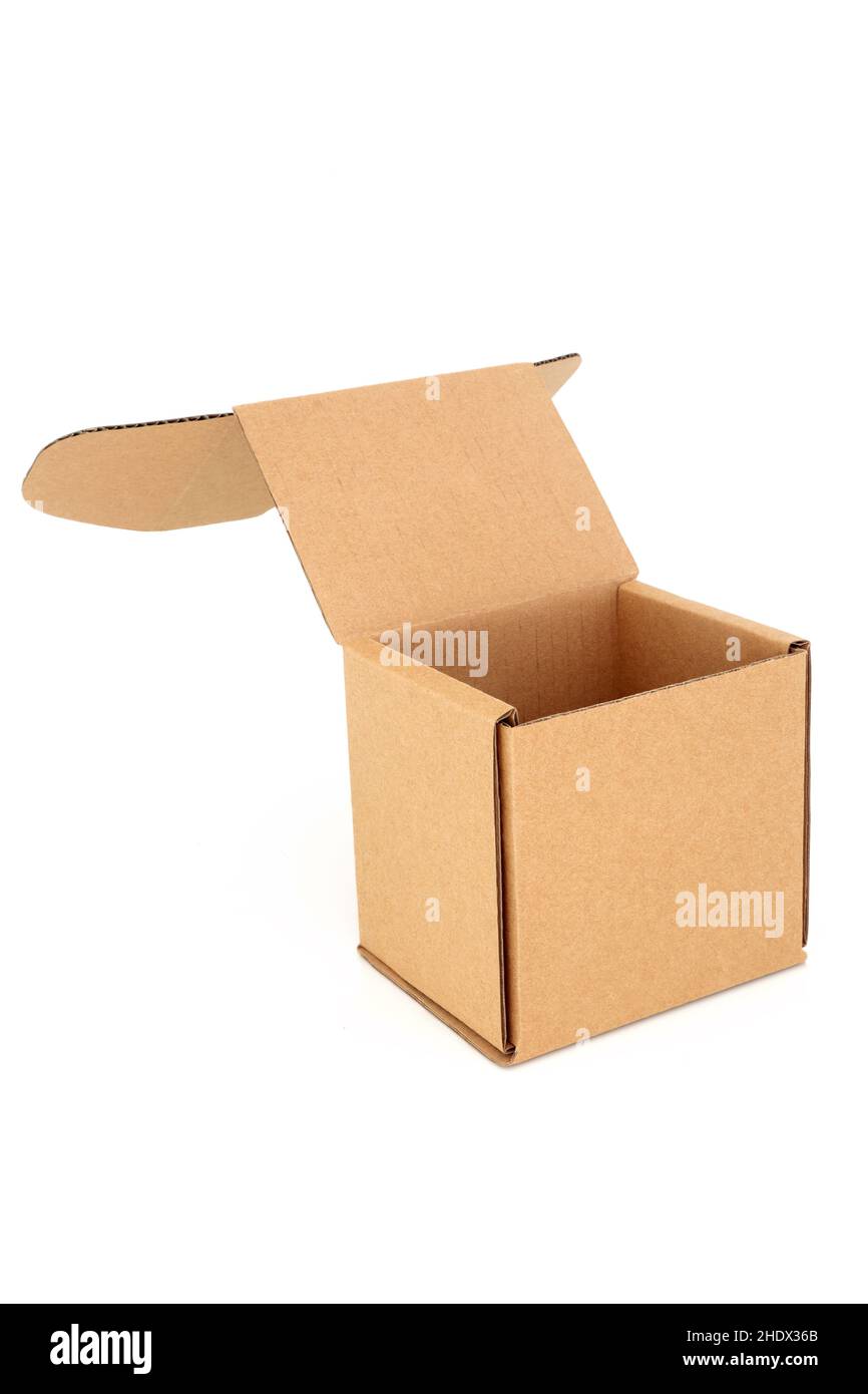 Cube shaped brown cardboard box container with lid open on white ...