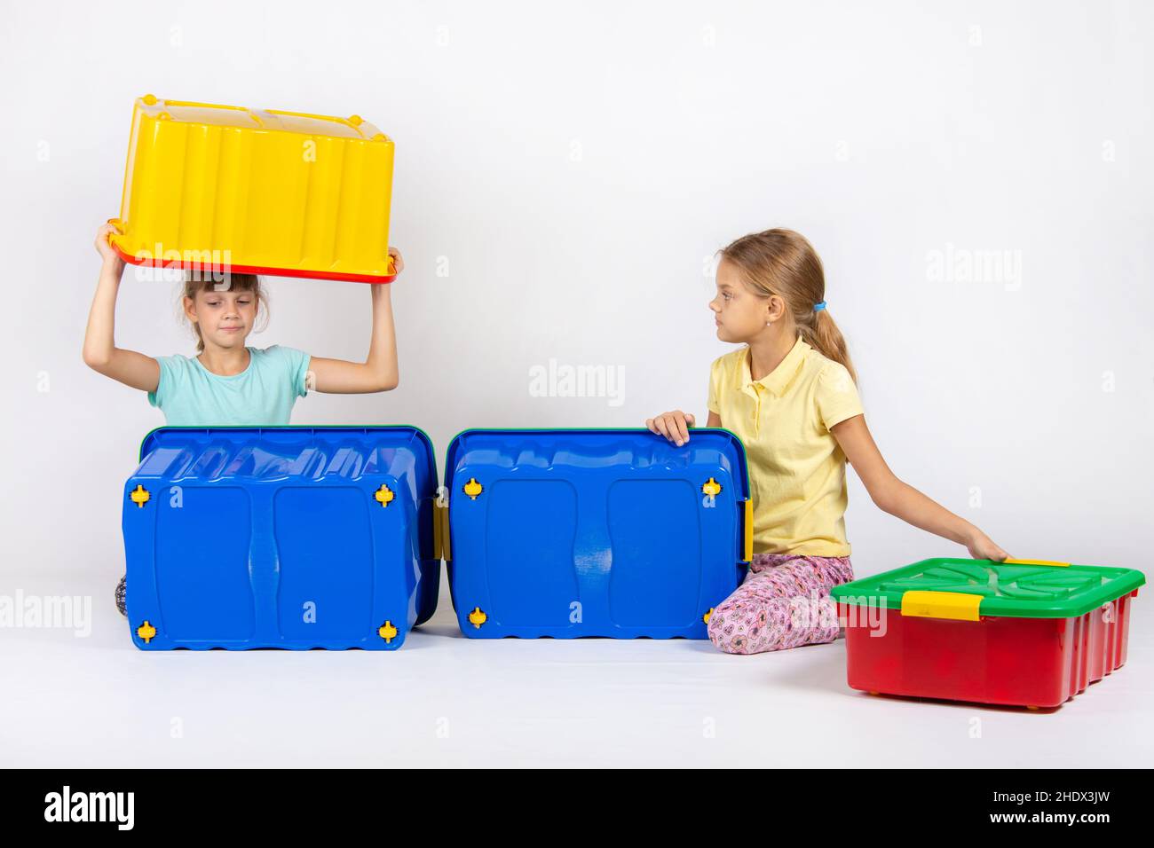 girl, playing, toy box, girls, play, box, container, toy boxs Stock ...