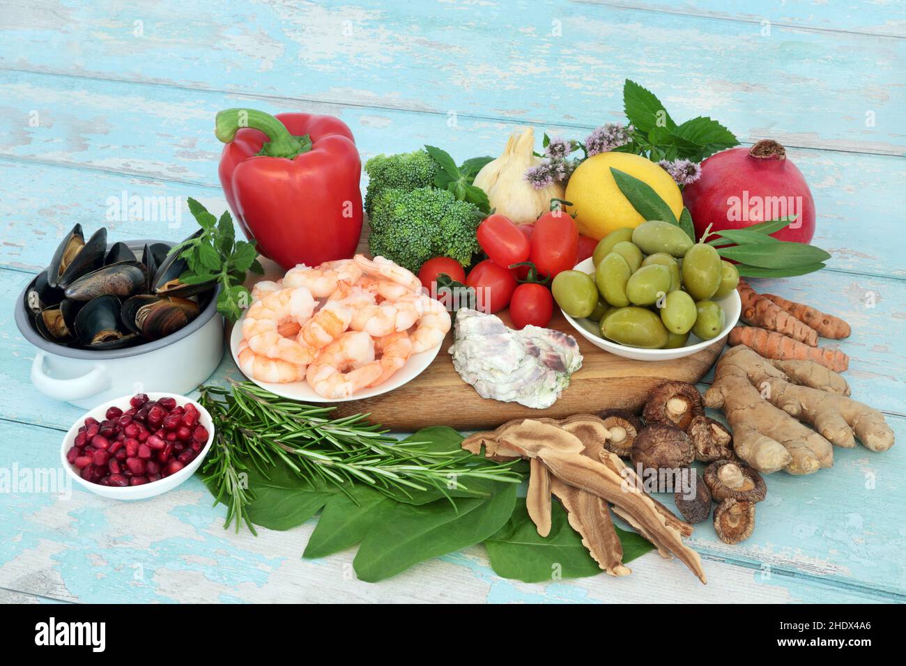 Immune system boosting health food with seafood, vegetables, fruit ...