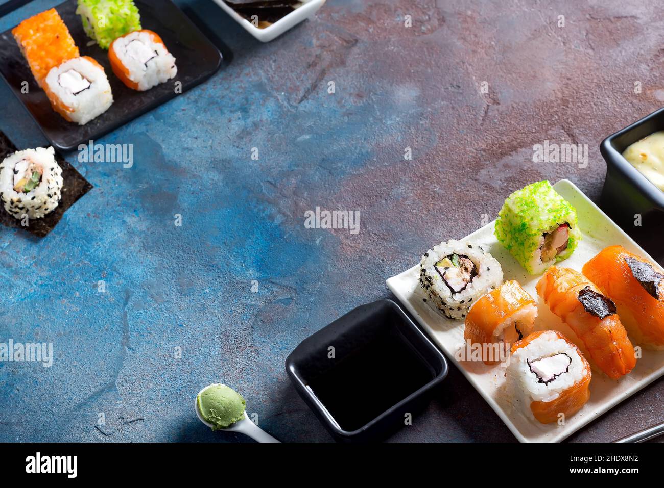 Top view of traditional Japanese sushi rolls Stock Photo - Alamy