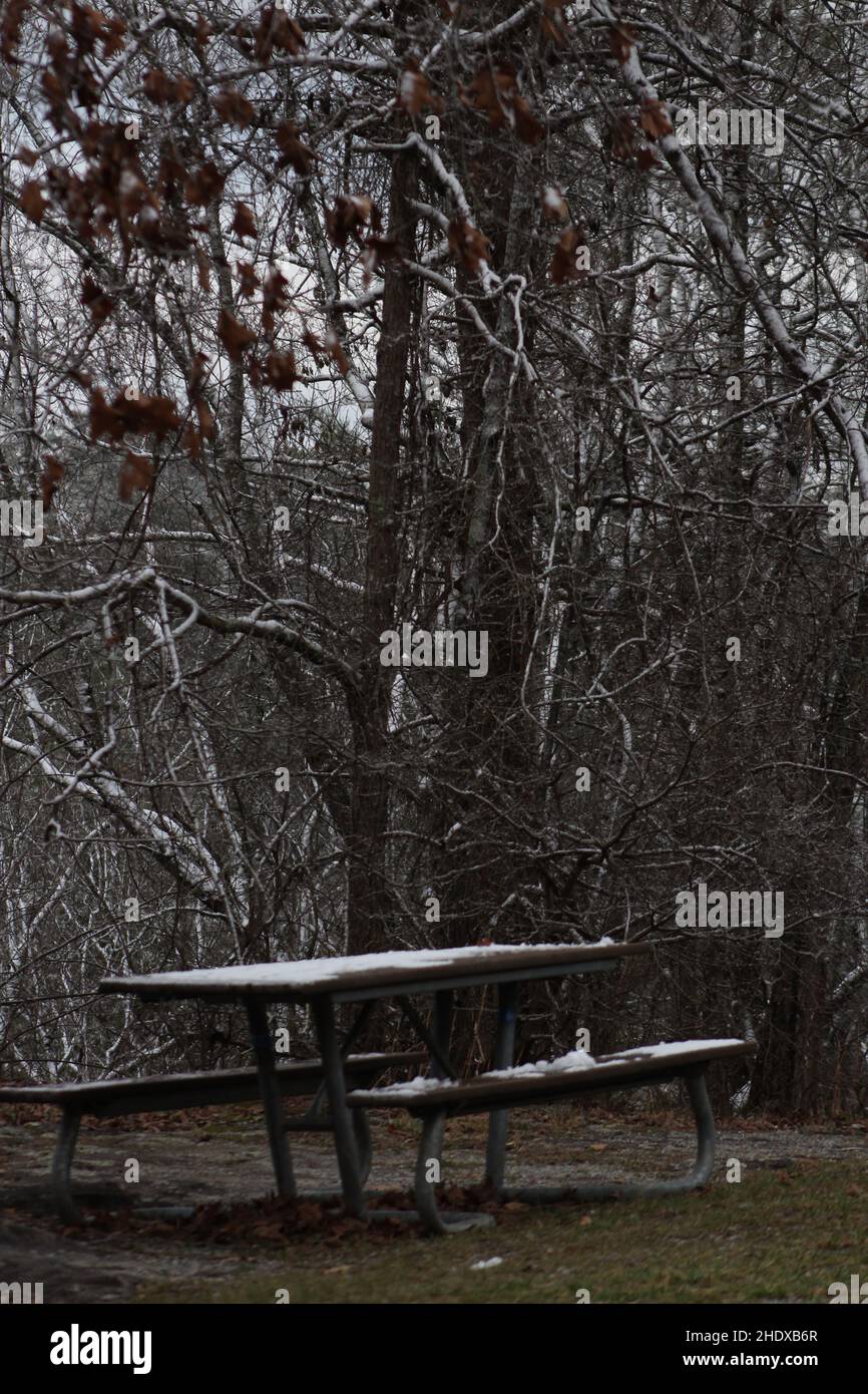 Picnic Table Covered in Snow Stock Photo - Alamy