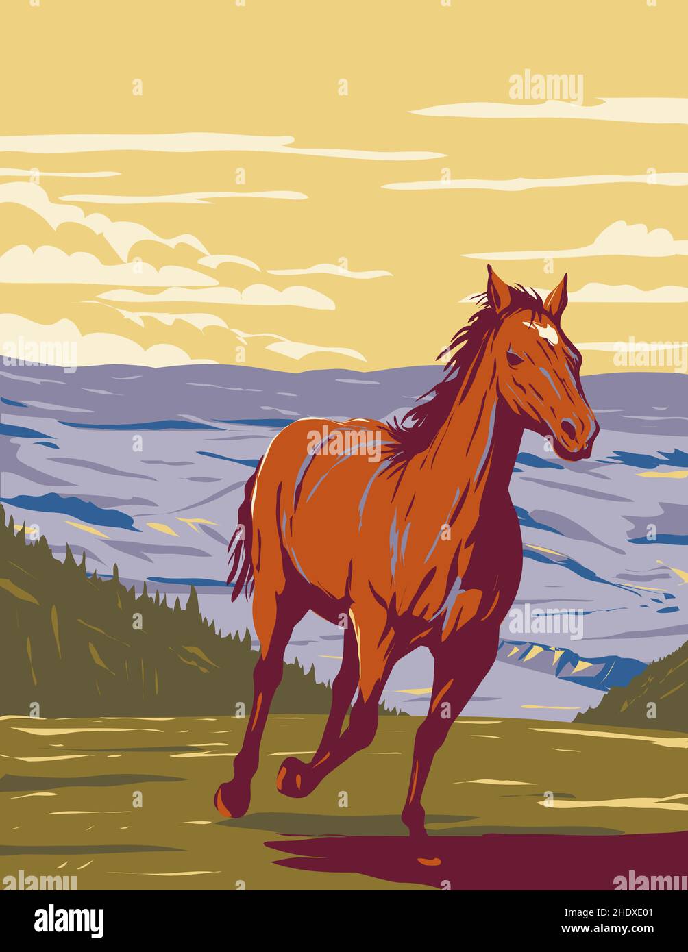 WPA poster art of mustang galloping in Pryor Mountain Wild Horse Range ...