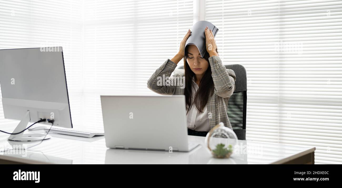 Tired Stressed Unhappy Lady Using Computer With Headache Stock Photo ...