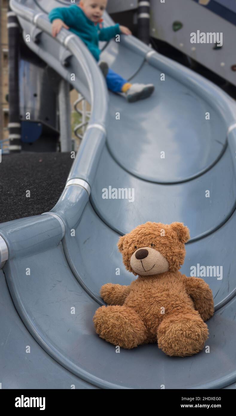 boy, teddy bear, playground, sliding, boys, teddy bears, playgrounds ...