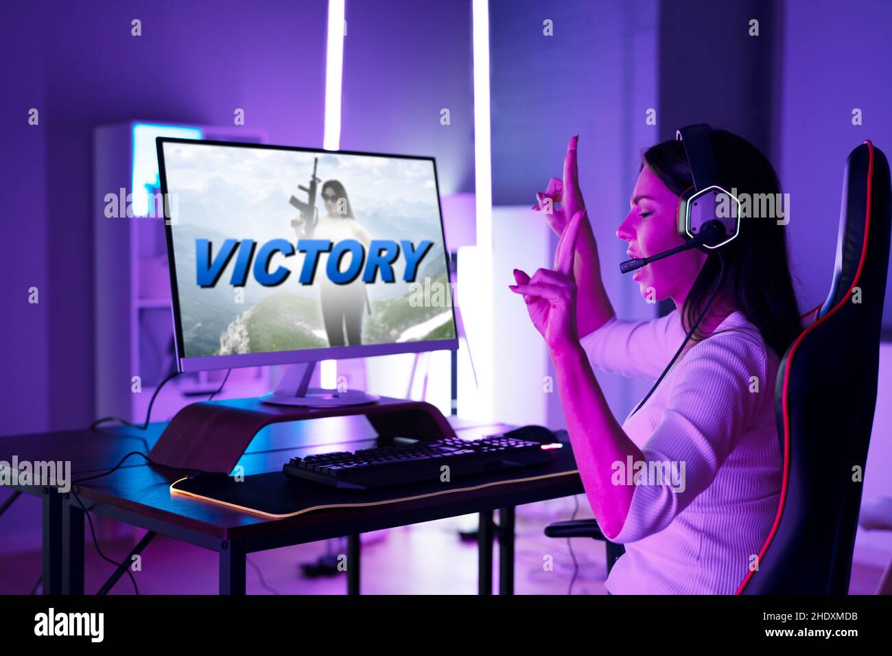 Young Excited Gamer Girl Won Video Game. Online Tournament Victory ...