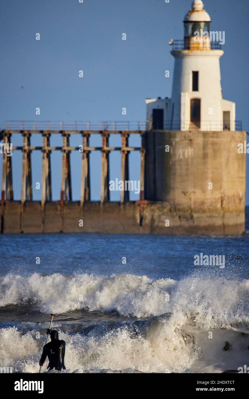 Blyth Harbour Lighthouse in Northumberland from Blyth Beach Stock Photo ...